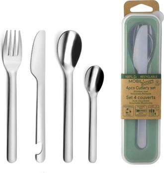 Amefa Besteckset MOBIL 4-teilig | Besteck To Go | 18/0 Edelstahl | Reisebesteck Edelstahl mit Etui | sp&uuml;lmaschinengeeignet | Campingbesteck | Besteck Pickni
