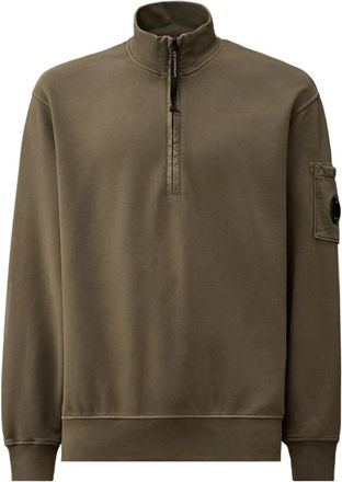 C.P. Company C.p. Company, Homme, Sweatshirts et sweats &agrave; capuche, Vert, Taille: L SweaT-shirt demi-zip en molleton diagonale bross&eacute; et &eacute;meris&eacute;
