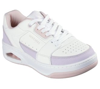 Skechers Damen UNO Court Courted Style Sneaker, White Leather/Duraleather Lavender Pink Trim, 37.5 EU
