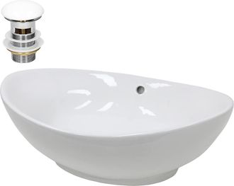 ECD Germany Waschbecken Waschtisch 590x390x200 mm Oval Keramik Weiß inkl. Ablaufgarnitur für Waschbecken mit Überlauf Aufsatzbecken Aufsatzwaschbecken Aufsatzwasc