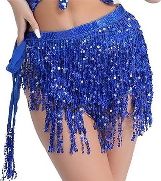 Generic Jupes de danse du ventre pour femme - Jupe &agrave; pompons &agrave; paillettes pour femme - Mini jupe-short &agrave; taille &eacute;lastique - Paillettes scintillantes - Pour sp