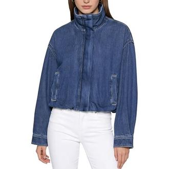 Generic Veste en jean bleu fonc&eacute; classique pour femme avec col montant avec fermeture &eacute;clair avant et poches lat&eacute;rales coupe d&eacute;contract&eacute;e, bleu, XS