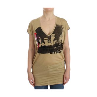 Costume National Beiges Motivdruck V-Ausschnitt T-Shirt - - Tops - Damen - Beige - S