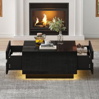 Merax LED Couchtisch Hochglanz 70x70 cm mit 2 Schubladen,quadratischer Wohnzimmertisch aus gehärtetem Glas,Sofatisch mit Stauraum und APP gesteuertem LED Li