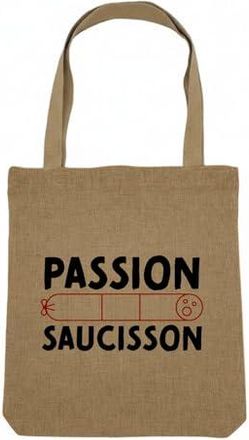 Fabulous Sac Shopping Tote Bag Aspect Lin - Passion Saucisson Charcuterie France Ap&eacute;ro - Sac de Courses Toile Epaisse 360g Beige Naturel Cabas Port&eacute; Epaule Sol