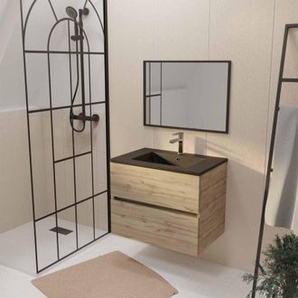 Aurlane Aurlane - meuble de salle de bains suspendu 70 cm timber décor chêne 2 tiroirs vasque noire et miroir 70x50
