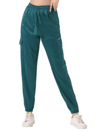 Allegra K Damen Satin Pants Eastisch Seidig Satinhose Kordelzug Cargohose Hose Blau Gr&uuml;n L