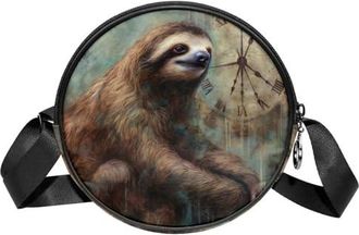 Generic Sac &agrave; bandouli&egrave;re rond pour femme, motif paresseux vintage avec fermeture &eacute;clair, bretelles r&eacute;glables, sac &agrave; main rond d&eacute;contract&eacute; pour femmes et fill