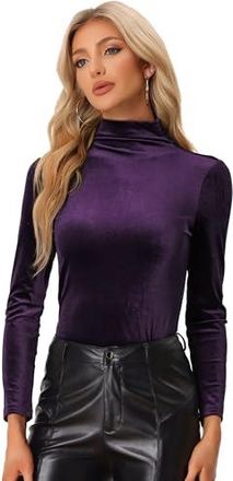 Allegra K Chemise &agrave; Manches Longues pour Femmes Col Montant Stretchy Velvet Col roul&eacute; Basic Blouse Tops Mauve XL