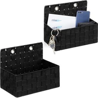 Relaxdays Aufbewahrungskorb hängend, 2er Set, Hängekorb Flechtoptik, Bad, Flur, Wandkorb HBT 20 x 25 x 16,5 cm, schwarz