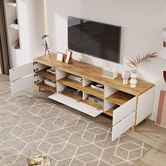 STILVORA Meuble TV avec 4 Portes et 2 Niches, Style Moderne, Salon, 175&times;37&times;51 cm, en MDF, Blanc et Effet Bois