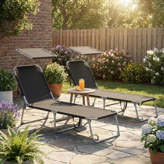 Songmics Transats Pliants Ext&eacute;rieur, Dossier et Pare-Soleil R&eacute;glables, Chaises Longues, pour Balcon, Terrasse, Lot de 2, Noir