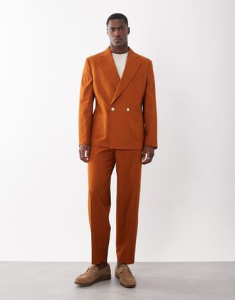 Asos Veste de costume ample &agrave; double boutonnage en lin m&eacute;lang&eacute; - Orange rouille-Marron