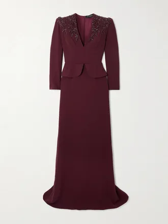 Jenny Packham Robe Du Soir En Crêpe Stretch À Ornements Night Flowering - Bordeaux