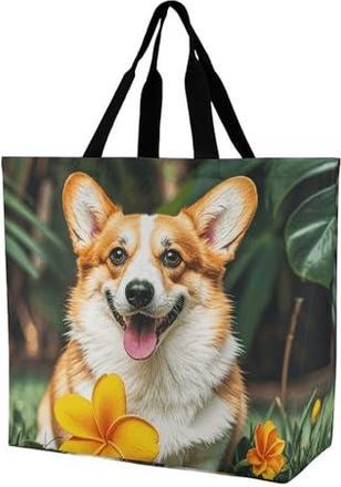Generic Fleur Tropicale Et Corgi Sac Cabas D&eacute;contract&eacute; Tote Bag Imperm&eacute;able Sac A Main Femme Pour Voyage Plage Universit&eacute;