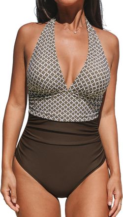 Cupshe Damen Badeanzug V Ausschnitt Neckholder Bauchweg Monokini R&uuml;ckenfrei Elegant Geraffte Bauchkontrolle Einteilige Bademode Swimsuit Dunkelbraun/Gingham 