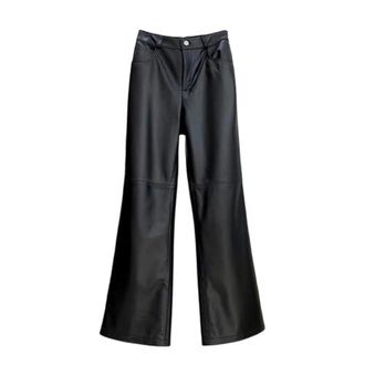 Generic TroUKers Pantalon en cuir véritable pour femme Taille élastique légèrement évasé Droit Slim Cuir, Noir, XL