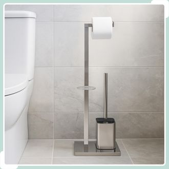 Relaxdays WC Garnitur, HBT: 67,5 x 20 x 15,5 cm, Edelstahl, Klopapierhalter stehend, Bürste, Ersatzrollenhalter, Silber