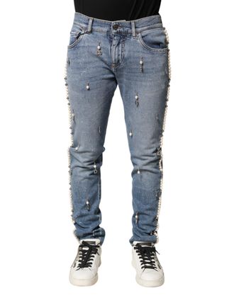 Dolce & Gabbana Mens Blue Embellished Cotton Skinny Denim Jeans Co+02 Clothing