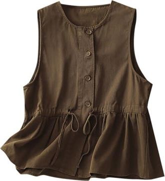 Generic 2026 Vestes pour femmes veste gilet coupe ample minceur et r&eacute;duction de l&acirc;ge col rond bord volants design Sense Top, caf&eacute;, XXL