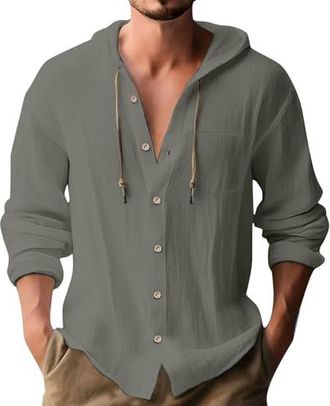 Generic Sweat à capuche léger en coton et lin pour homme pour lété confortable à manches longues, couleur unie, pull à capuche avec cordon de serrage, pull à 