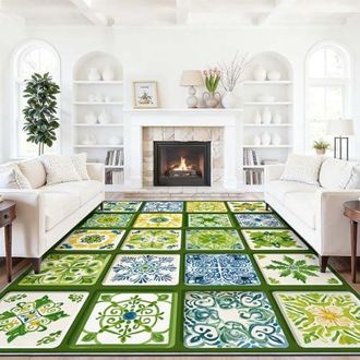 Generic Moderne Antid&eacute;rapant Tapis Vert - Doux R&eacute;sistant Lavable en Machine Tapis &agrave; Motif Traditionnel G&eacute;om&eacute;trique Plante Carreau Poil Ras Moquette pour Salon