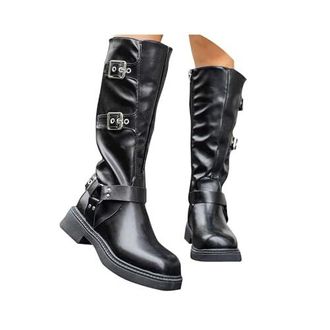ORANDESIGNE Bottes Femme Cuir PU Botte Haute Style Motard Boots Fermeture &Eacute;clair Lat&eacute;rale et Boucles A Nero 37 EU