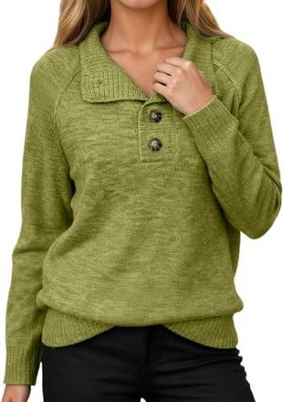 Generic Pull d&eacute;contract&eacute; &agrave; col montant pour femme - Couleur unie - Bouton - Pull d&eacute;contract&eacute; &agrave; manches longues - Pull ample tendance pour lautomne, Vert, XL