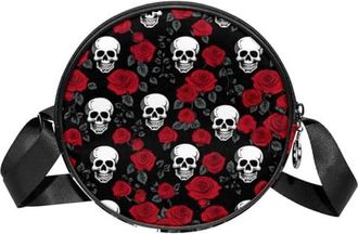 Generic Petit sac &agrave; bandouli&egrave;re circulaire pour femme, motif cr&acirc;nes, fleurs, petit sac &agrave; bandouli&egrave;re avec fermeture &eacute;clair, bretelles r&eacute;glables, sac &agrave; main ro