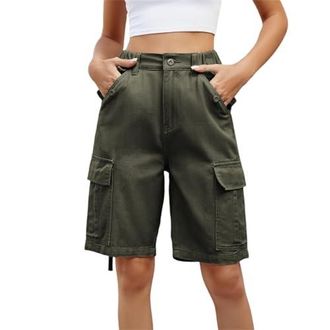 Generic Bermuda cargo pour femme, extensible, taille haute, 6 poches, longueur genou, vert militaire, XXL