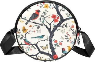 Generic Sac &agrave; bandouli&egrave;re rond pour femme, petit sac &agrave; bandouli&egrave;re motif oiseaux avec fermeture &eacute;clair, bretelles r&eacute;glables, sac &agrave; main rond d&eacute;contract&eacute; pour 