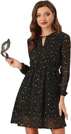 Allegra K Robe Ras du Cou à col en V dorée pour Femmes avec Brillants Étoile déguisement Noir XL