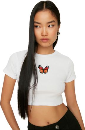 Trendyol Trendyol Damen Weiß Bedruckter Ernte Gestricktes T-shirt T Shirt, Weiß, L EU