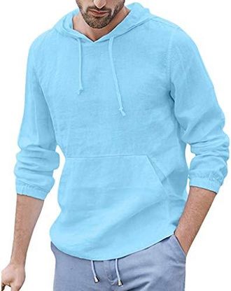 Generic Chemise en coton et lin pour homme - Chemisier dentra&icirc;nement &agrave; manches longues r&eacute;tro - Solide - Chemisier ample pour homme, bleu, XXL