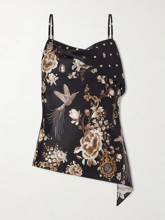 Camilla Haut Asym&eacute;trique En Satin De Soie Imprim&eacute; &Agrave; Drap&eacute; Et &Agrave; Ornements - Noir