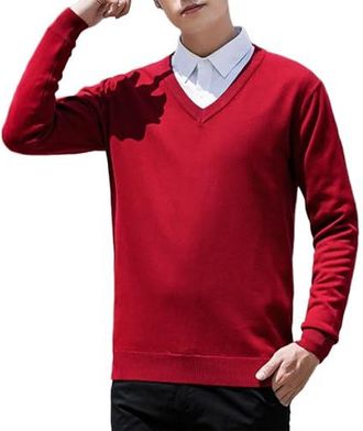Generic Pull &agrave; col en V pour homme, pull tricot&eacute; couleur unie &agrave; manches longues au toucher doux, maille extensible, pull classique d&eacute;contract&eacute; l&eacute;ger en tricot