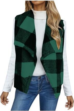 Generic Vestes pour femmes 2026 gilet &agrave; revers imprim&eacute; &eacute;cossais veste sans manches d&eacute;contract&eacute;e chaude hiver v&ecirc;tements dext&eacute;rieur, Vert, XXL