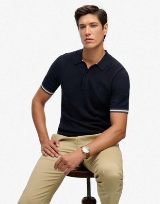 Superdry Polo &agrave; manches courtes en maille textur&eacute;e - Bleu marine