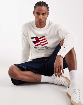 Tommy Hilfiger Strickpullover in Wei&szlig; mit wehendem Flag-Logo
