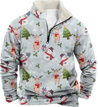 Generic Sweat-shirt de Noël amusant pour homme, en polaire chaud, pull de Noël à manches longues, demi-fermeture éclair, motifs de Noël décontractés, tenue de