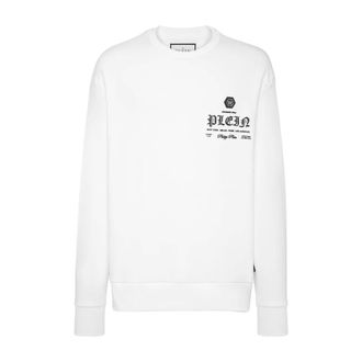 Philipp Plein Homme, Sweatshirts et sweats à capuche, Blanc, Taille: XS SweaT-shirt en Coton Imprimé avec Col Rond
