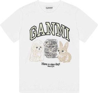 Ganni Femme, Tops, Blanc, Taille: 40 FR Basic Cotton Jersey Animals T-Shirt