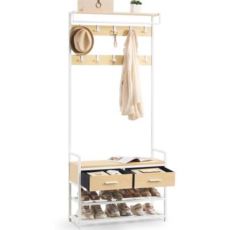 Vasagle Garderobenst&auml;nder mit Schuhbank, Garderobe, Schuhaufbewahrung, 2 Schubladen aus Stoff, 10 Haken, 6 seitliche Haken, 30 x 80,4 x 181,6 cm, goldeichenfa