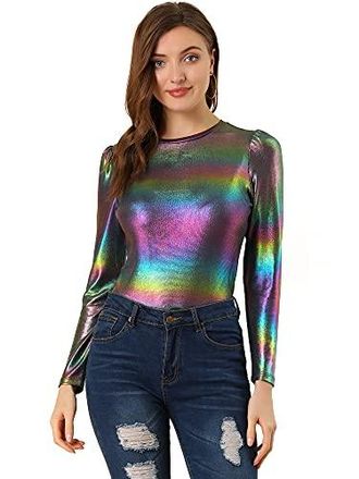Allegra K Femme F&ecirc;te Club Glitter Tops Manches Longues Bouffantes M&eacute;talliques Brillants de No&euml;l pour Femme Multicolore XS
