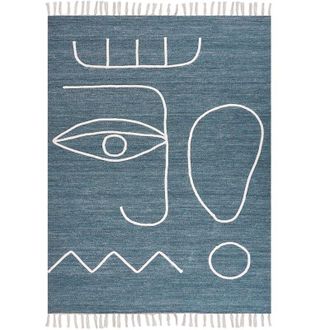 Beliani Teppich Blau aus Polyester 140 x 200 cm Rechteckig Handgewebt Abstraktes Muster mit Fransen Boho f&uuml;r Innen und Au&szlig;en Garten Terrasse Balkon