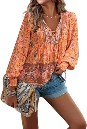 Generic Haut décontracté à col en V pour femme, chemise de plage ample bohème à manches longues avec imprimé floral, chemisier tunique dautomne, Orange, XL