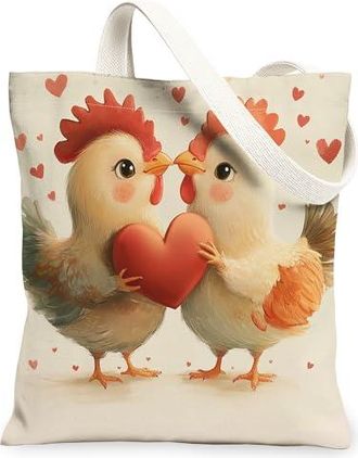 Generic Sac fourre-tout en toile avec motif poules pour le shopping, 33 x 38 cm, sac d&eacute;picerie r&eacute;utilisable pour la Saint-Valentin, motif animal de voyage, d&eacute;