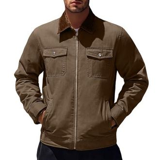 Generic Veste pour homme avec poches poitrine - Veste cargo avec fermeture &eacute;clair - En coton - Couleur unie - Avec col rabattu - Confortable - Coupe-vent - Ve