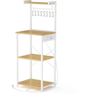 Vasagle Meuble de Rangement Cuisine avec &Eacute;tag&egrave;re R&eacute;glable, 8 Crochets, Bar &agrave; Caf&eacute;, 4 Niveaux, Blanc et Ch&ecirc;ne