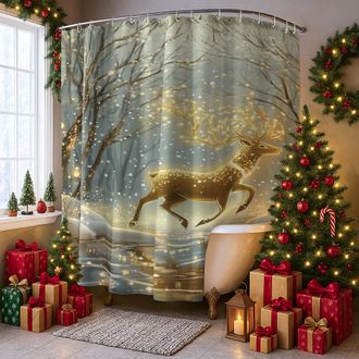 Generic Extra breiter Duschvorhang mit Rentier-Motiv, winterliche Weihnachtsbäume, Weihnachten, Gold, Polyester, wasserdicht, Toilettenstoff, Duschvorhänge fü